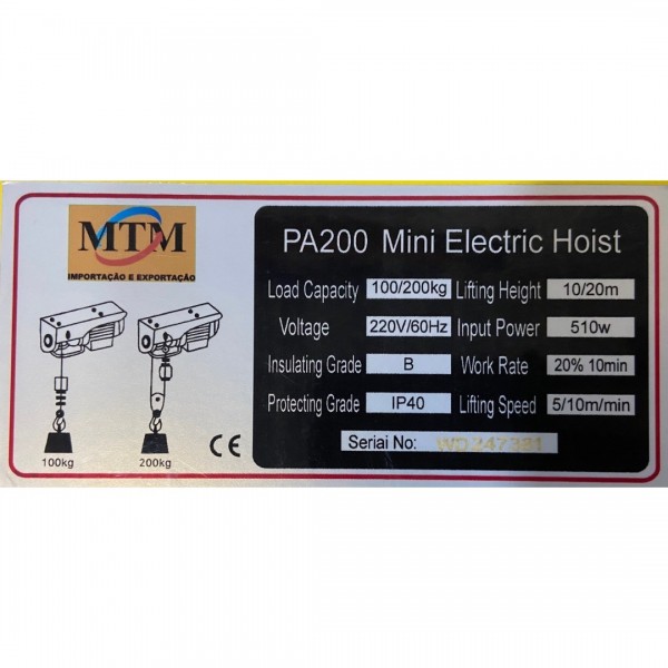 Talha Elétrica Guincho com Capacidade 100 a 200kg ,10/20 Metros 220v